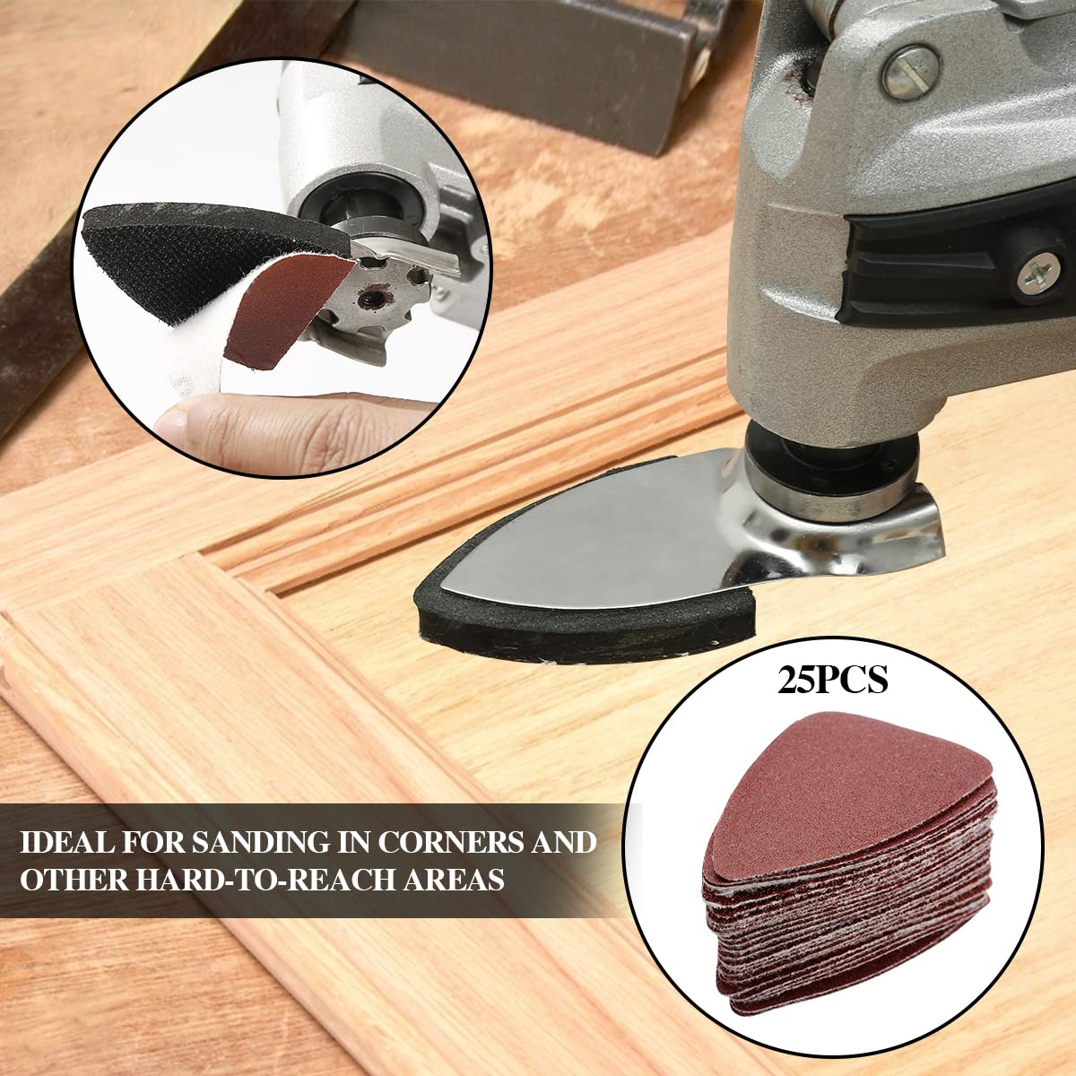 Oscillating Tool Detail Sanding Pads Kit, 2Pcs Triangle Sanding Pads and 2Pcs Finger Sanding Pad, 50Pcs Sandpaper, for Wood/Plaster Other Surfaces Polish Sanding, Compatible with Multiple Tools