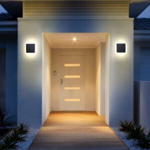 homeglow edge led wall light, outdoor or indoor use. black modern wall sconce. waterproof ip65. warm white 3000k. ac 12w hardwired. durable aluminum.