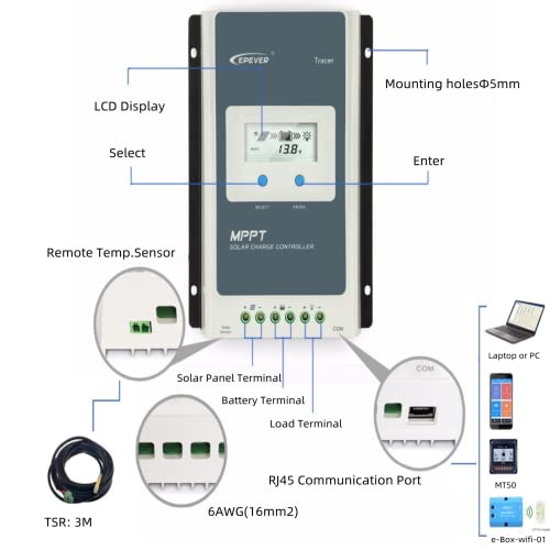 EPEVER 40A MPPT Charge Controller, Solar Panels Regulator MAX 1080W 100V Input Negative Grounded Solar Controller, with LCD Display for Gel Sealed Flooded Lithium Battery