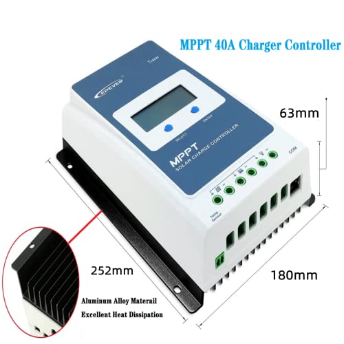 EPEVER 40A MPPT Charge Controller, Solar Panels Regulator MAX 1080W 100V Input Negative Grounded Solar Controller, with LCD Display for Gel Sealed Flooded Lithium Battery