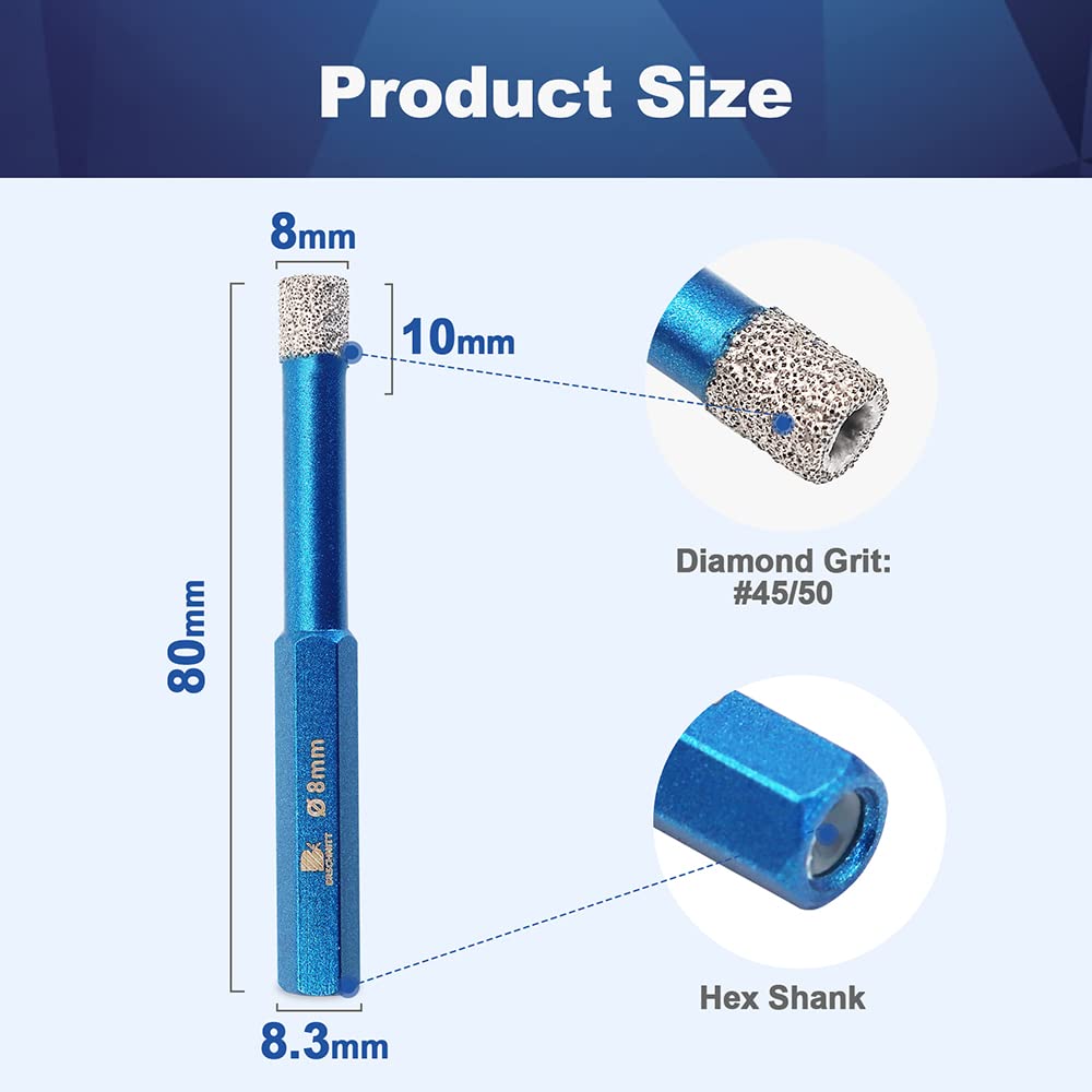 Dry Diamond Drill Bit Set,BRSCHNITT 5pcs 5/16 Inch (8mm) Diamond Hole Saw Core Drill Bit for Porcelain Tile Ceramic Stone Granite Marble,Hex Shank Dry Drilling Diamond Core Drill Bit Kit