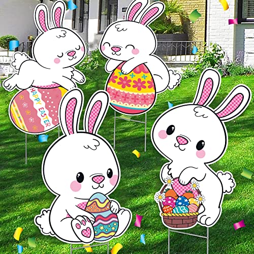 Easter Yard Signs,4Pcs Reflective Large Outdoor Easter Bunnies Decorations and Egg Hunt Decor, Spring Front Yard Sign,Lawn Decoration for Easter Party.