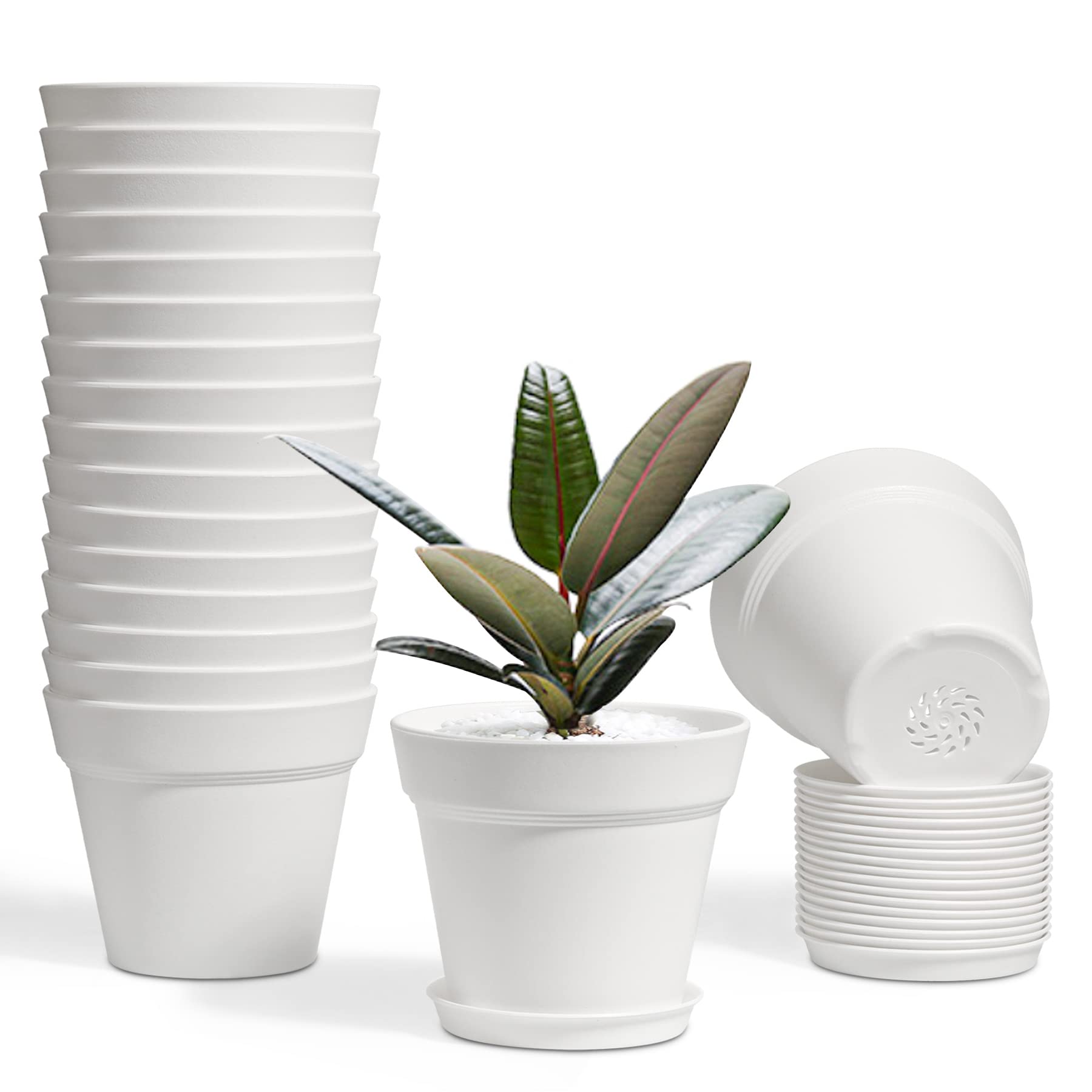 T4U 4 Inch Plant Pots 18-Pack - Small Plastic Planter with Drainage Hole and Saucer, Decorative Nursery Flower Pot Bulk for African Violet, Snake Plant, Succulent and All House Plants Indoor