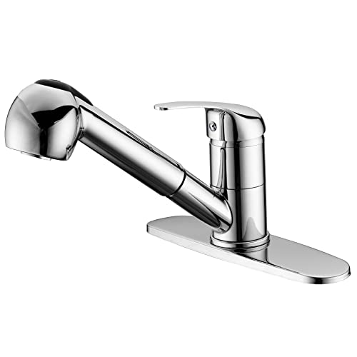 BZOOSIU Commercial Stainless Steel Pull Out Sprayer Kitchen Sink Faucet with Deck Plate, Single Lever Low Arch Rv Kitchen Faucet, 1-Hole or 3-Hole Installation Bar Faucets, Chrome