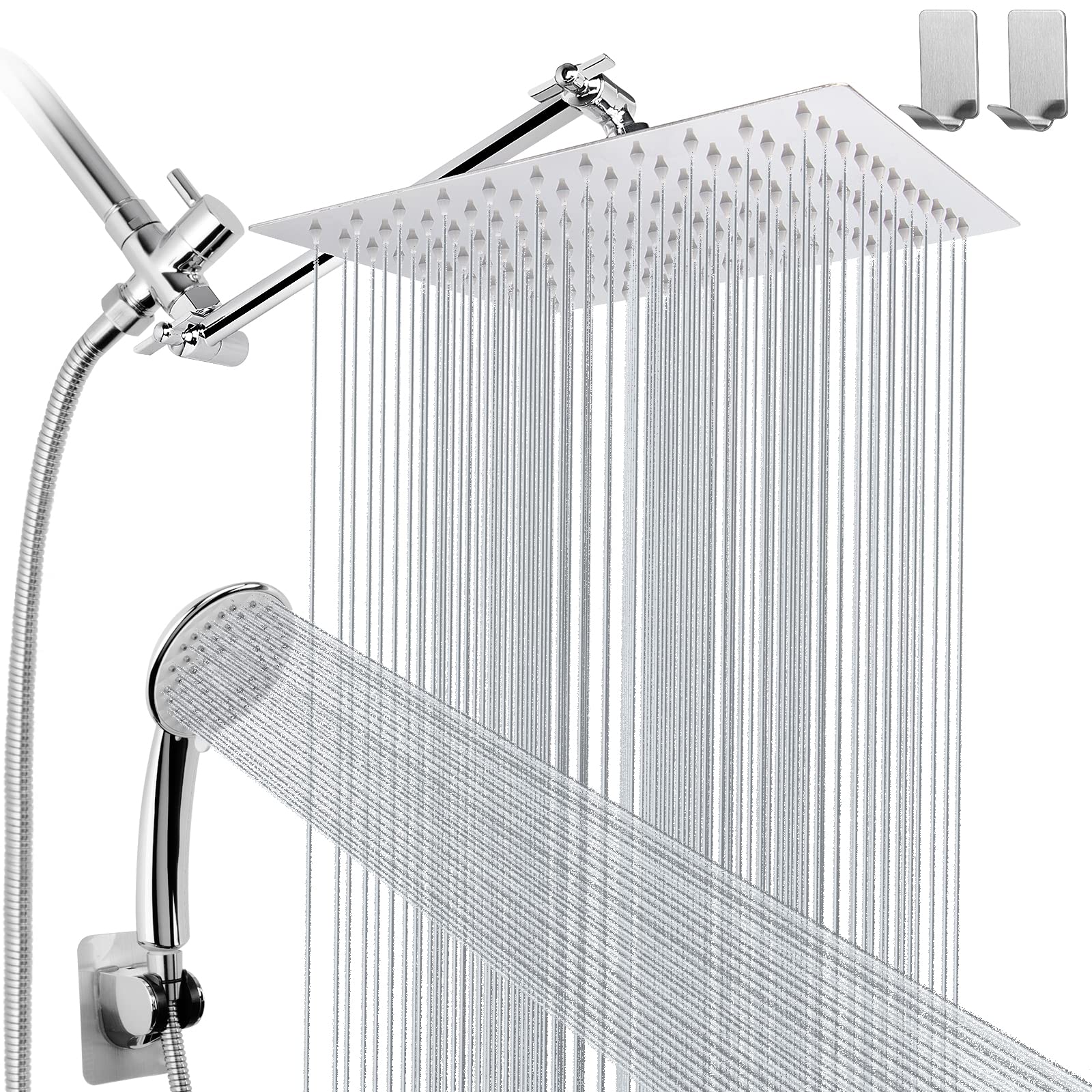 Shower Head Combo with 11'' Extension Arm，High Pressure Rain Shower Head with Handheld Shower Spray and Holder/ 1.5M Hose，Dual Rainfall Showerhead Set，Chrome (10 Inch)