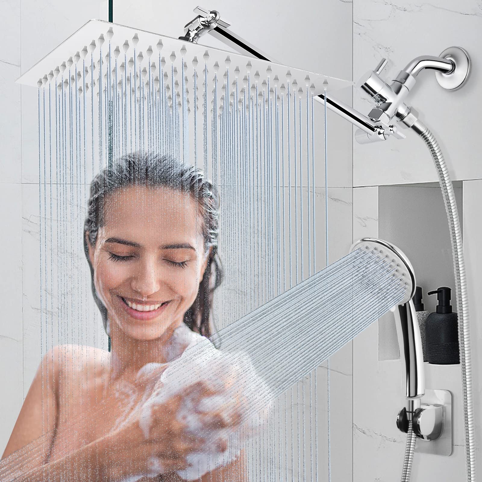 Shower Head Combo with 11'' Extension Arm，High Pressure Rain Shower Head with Handheld Shower Spray and Holder/ 1.5M Hose，Dual Rainfall Showerhead Set，Chrome (10 Inch)