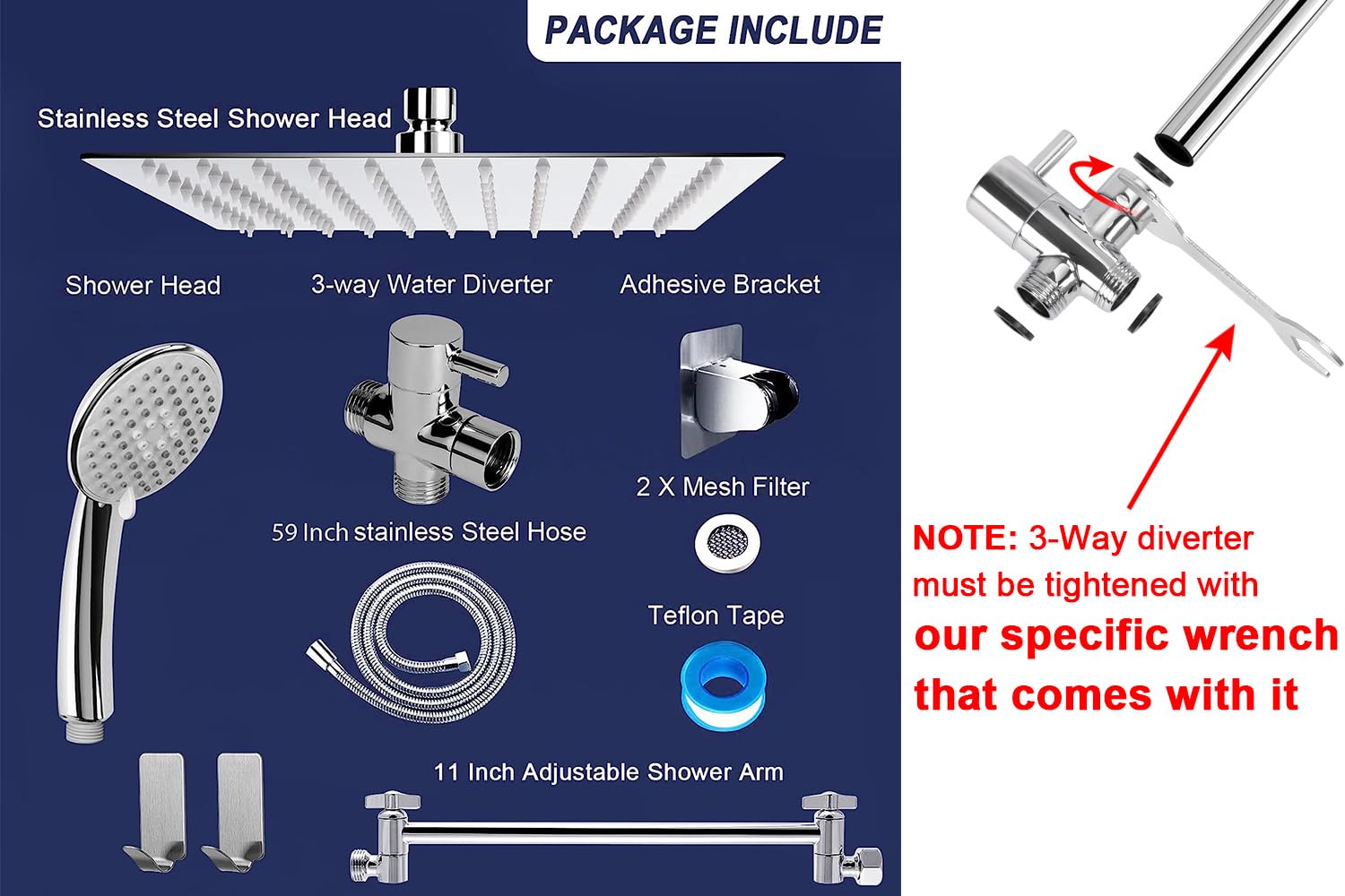 Shower Head Combo with 11'' Extension Arm，High Pressure Rain Shower Head with Handheld Shower Spray and Holder/ 1.5M Hose，Dual Rainfall Showerhead Set，Chrome (10 Inch)