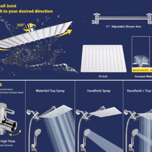 Shower Head Combo with 11'' Extension Arm，High Pressure Rain Shower Head with Handheld Shower Spray and Holder/ 1.5M Hose，Dual Rainfall Showerhead Set，Chrome (10 Inch)