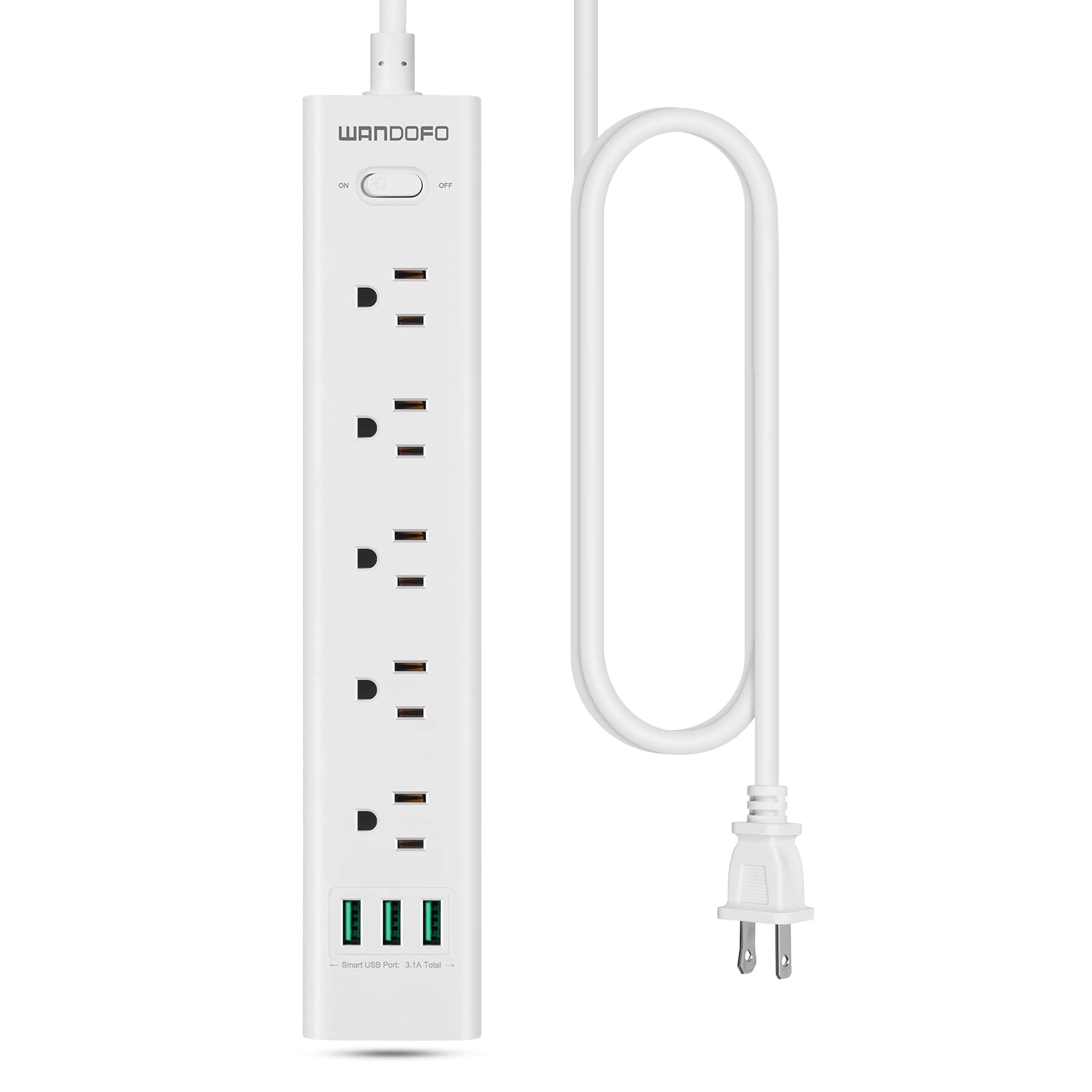 WANDOFO 2 Prong Power Strip, 5 FT Extension Cord Surge Protector, 5 Outlets and 3 USB, 13A/1625W, Polarized Two Prong to Three Prong Outlet Adapter Converter, Wall Mount, White