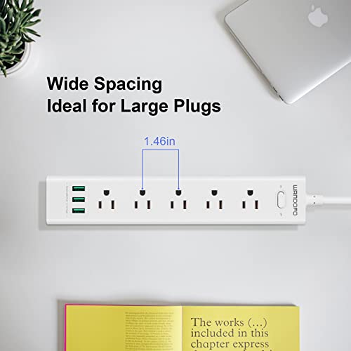 WANDOFO 2 Prong Power Strip, 10FT Long Extension Cord Surge Protector, 5 Outlets and 3 USB, 13A/1625W, Polarized Two Prong to Three Prong Outlet Adapter Converter, Wall Mount, White