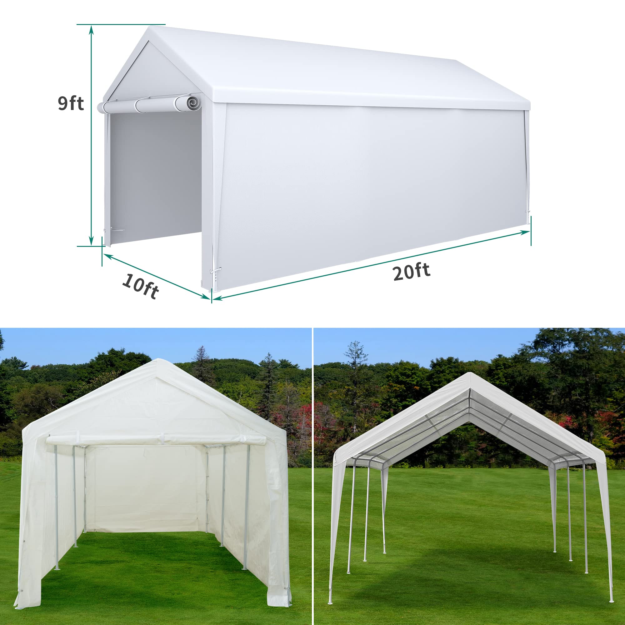 YITAHOME 10 x 20 FT Carport Heavy Duty Galvanized Frame Car Shelter Car Canopy with Removable Sidewalls, Portable Garage Tent Boat Shelter, White