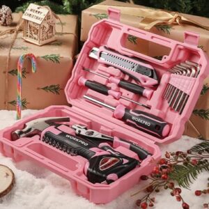 WORKPRO 35-Piece Pink Tools Set, Household Tool Kit with Storage Toolbox, Basic Tool Set for Home, Garage, Apartment, Dorm, New House, Back to School, and as a Gift - Pink Ribbon