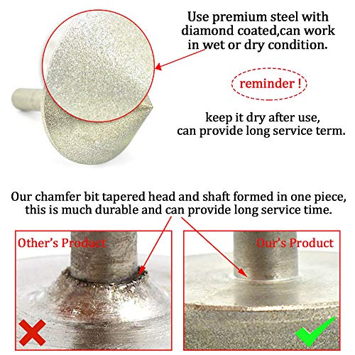 Diamond Countersink Drill Bits Chamfer Cutter 1-3/16" & 1-9/16" & 2" (30/40/50mm) Tapered 90 Degree 5/16" & 3/8" Shank Hole Grinding Tool for Glass Marble Ceramic Grit #150-3Pcs