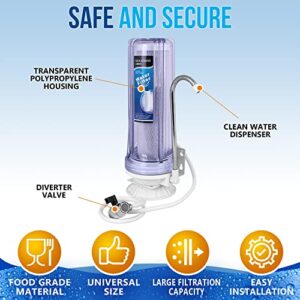 One Stage Countertop Drinking Water Filtration System Removes Chlorine, Transparent Housing and Yearly Supply (2 Extra) Block Activated Carbon Cartridges 5 Micron, Meets NSF Standards & Regulations