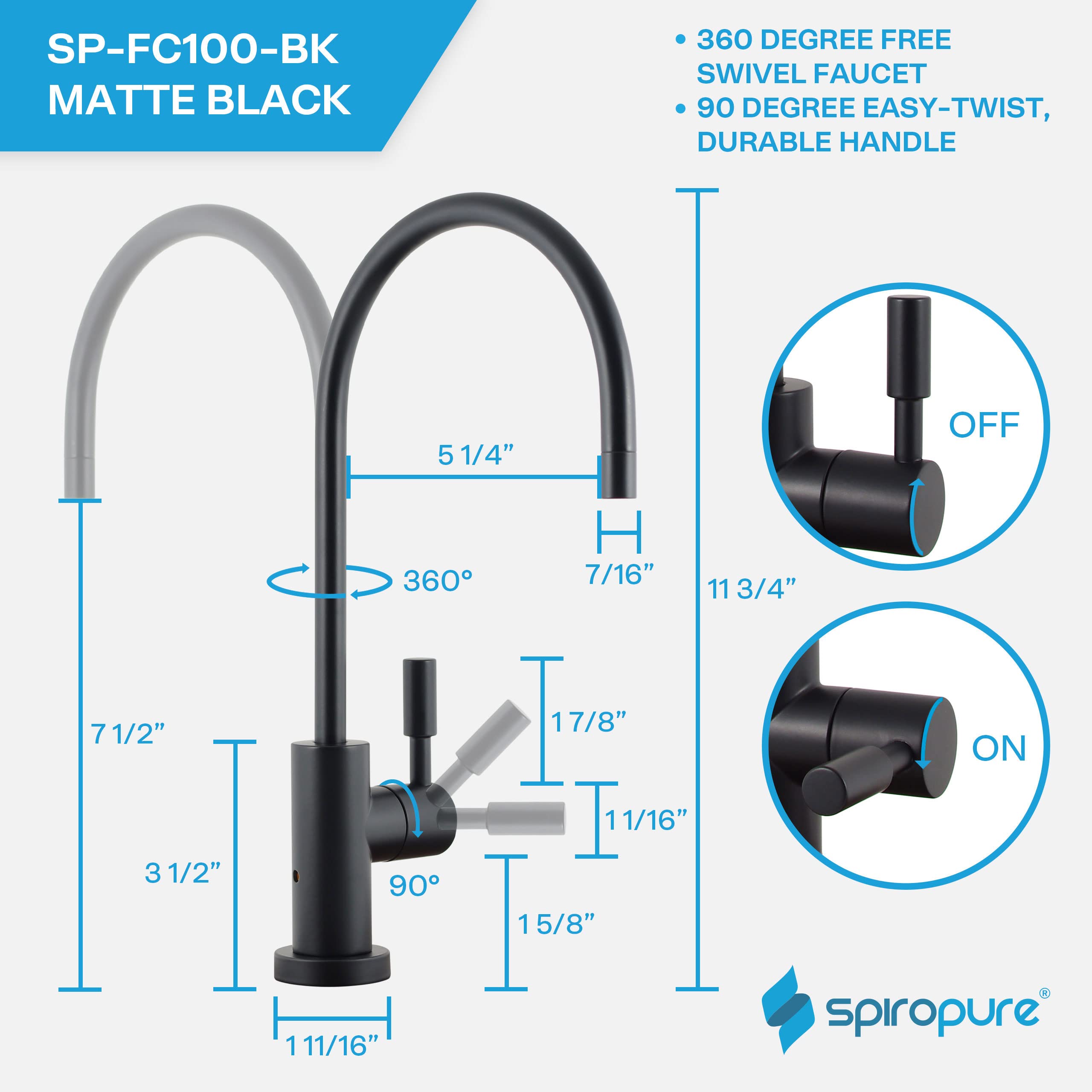 SpiroPure NSF-Certified Lead-Free Air Gap RO Faucet, Matte Black/Oil Rubbed Bronze, Reverse Osmosis Replacement Water Filter Faucet, 3 Line Filtered Faucet, SP-FC100-BK