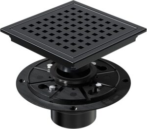 dilvii 6 inch shower drain matte black, square bathroom floor drain, stainless steel drain kit with flange, removable grid cover, hair strainer