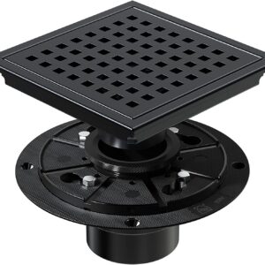 Dilvii 6 Inch Shower Drain Matte Black, Square Bathroom Floor Drain, Stainless Steel Drain Kit with Flange, Removable Grid Cover, Hair Strainer