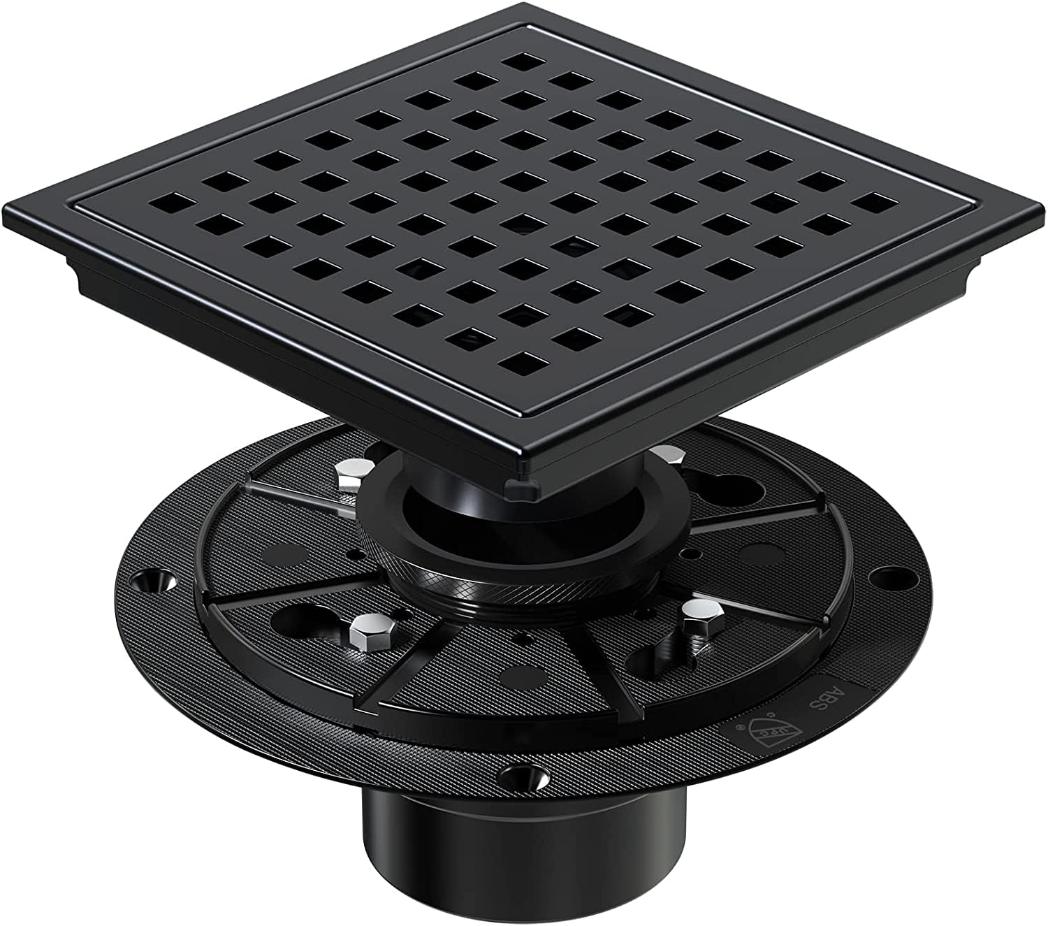 Dilvii 6 Inch Shower Drain Matte Black, Square Bathroom Floor Drain, Stainless Steel Drain Kit with Flange, Removable Grid Cover, Hair Strainer