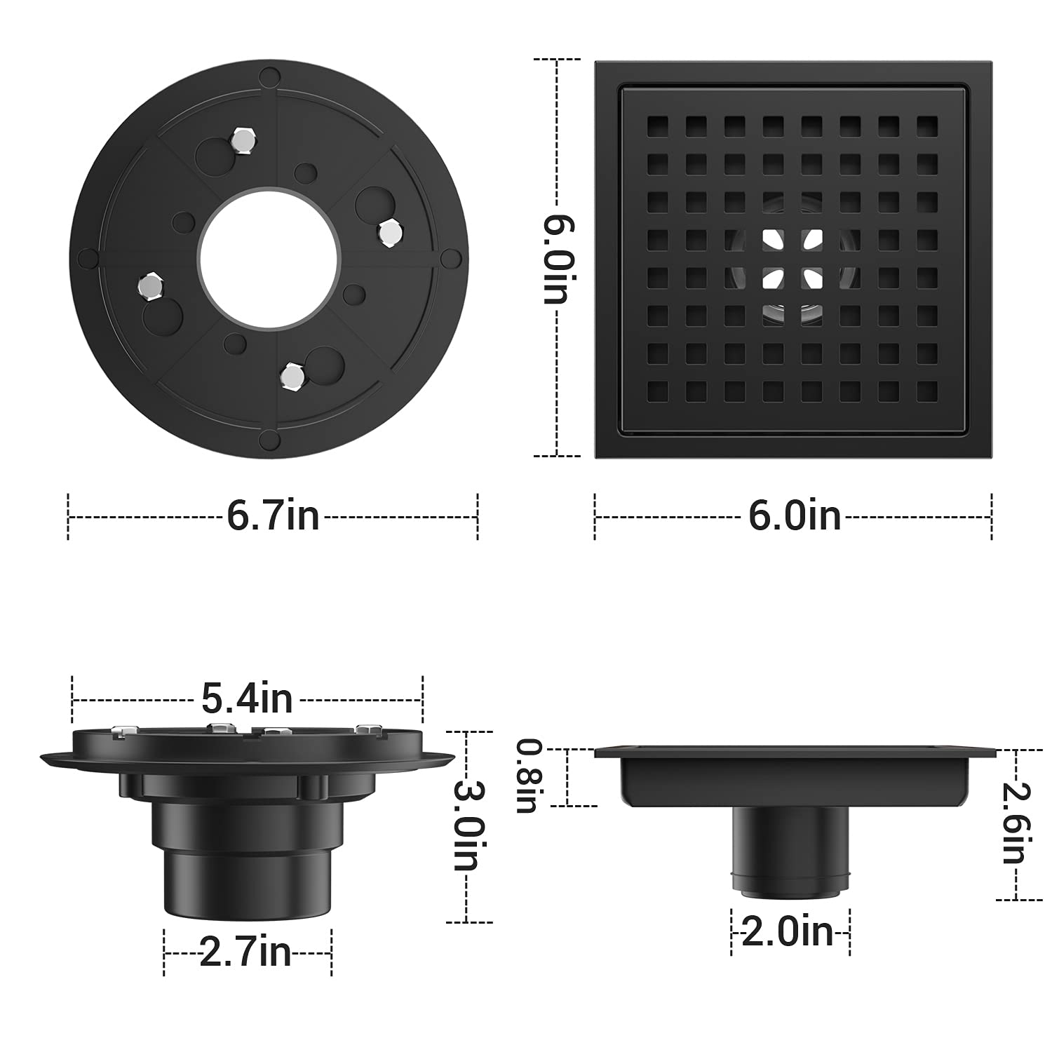 Dilvii 6 Inch Shower Drain Matte Black, Square Bathroom Floor Drain, Stainless Steel Drain Kit with Flange, Removable Grid Cover, Hair Strainer