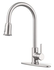 kitchen faucet, rexmeo premium with 9 min installation kitchen sink faucet with pull down sprayer for kitchen sink, three mode single-handle high arc brushed nickel stainless steel faucet space silver