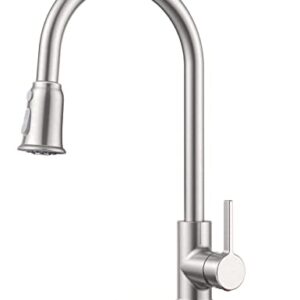 Kitchen Faucet, REXMEO Premium with 9 Min Installation Kitchen Sink Faucet with Pull Down Sprayer for Kitchen Sink, Three Mode Single-Handle High Arc Brushed Nickel Stainless Steel Faucet Space Silver