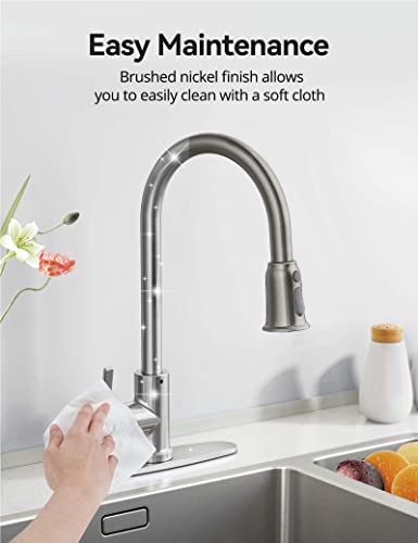 Kitchen Faucet, REXMEO Premium with 9 Min Installation Kitchen Sink Faucet with Pull Down Sprayer for Kitchen Sink, Three Mode Single-Handle High Arc Brushed Nickel Stainless Steel Faucet Space Silver