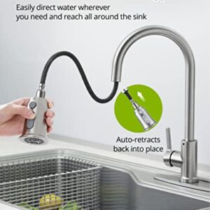 Kitchen Faucet, REXMEO Premium with 9 Min Installation Kitchen Sink Faucet with Pull Down Sprayer for Kitchen Sink, Three Mode Single-Handle High Arc Brushed Nickel Stainless Steel Faucet Space Silver