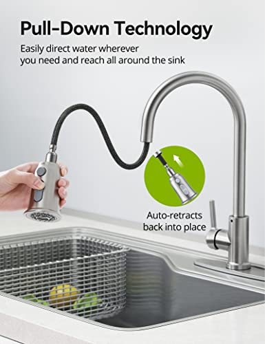 Kitchen Faucet, REXMEO Premium with 9 Min Installation Kitchen Sink Faucet with Pull Down Sprayer for Kitchen Sink, Three Mode Single-Handle High Arc Brushed Nickel Stainless Steel Faucet Space Silver