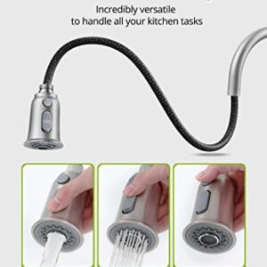 Kitchen Faucet, REXMEO Premium with 9 Min Installation Kitchen Sink Faucet with Pull Down Sprayer for Kitchen Sink, Three Mode Single-Handle High Arc Brushed Nickel Stainless Steel Faucet Space Silver