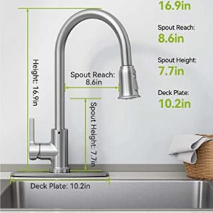 Kitchen Faucet, REXMEO Premium with 9 Min Installation Kitchen Sink Faucet with Pull Down Sprayer for Kitchen Sink, Three Mode Single-Handle High Arc Brushed Nickel Stainless Steel Faucet Space Silver