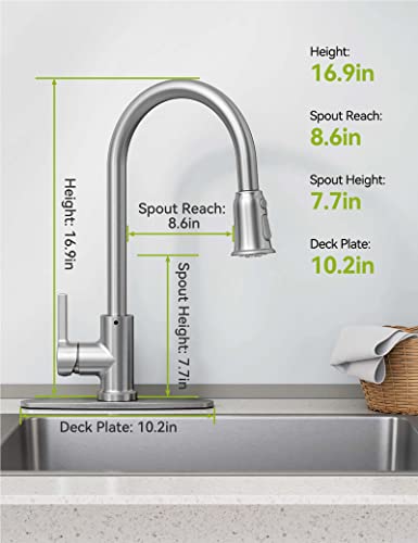 Kitchen Faucet, REXMEO Premium with 9 Min Installation Kitchen Sink Faucet with Pull Down Sprayer for Kitchen Sink, Three Mode Single-Handle High Arc Brushed Nickel Stainless Steel Faucet Space Silver