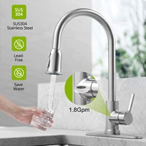 Kitchen Faucet, REXMEO Premium with 9 Min Installation Kitchen Sink Faucet with Pull Down Sprayer for Kitchen Sink, Three Mode Single-Handle High Arc Brushed Nickel Stainless Steel Faucet Space Silver