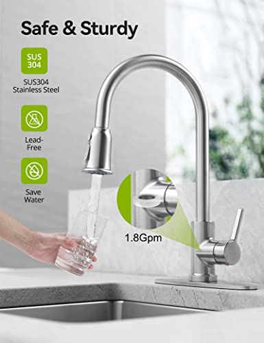 Kitchen Faucet, REXMEO Premium with 9 Min Installation Kitchen Sink Faucet with Pull Down Sprayer for Kitchen Sink, Three Mode Single-Handle High Arc Brushed Nickel Stainless Steel Faucet Space Silver