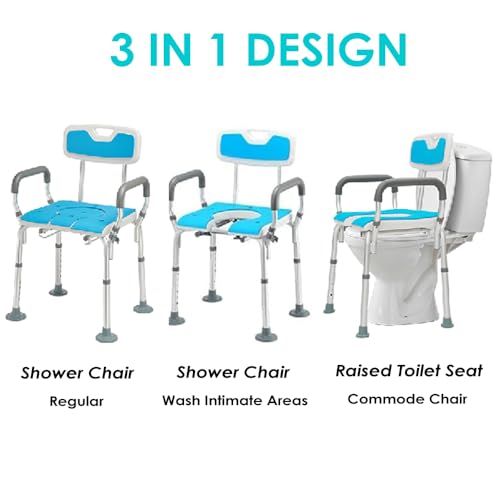 HEAO 3 in 1 Shower Chair Heavy Duty 400LBS, Bath Stool with Arms and Backrest, Padded Shower Seat with Cut Out Opening for Easy Access to Cleanse Intimate Areas (4 Big Suction Cups & 4 Rubber Tips)