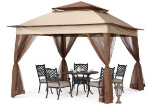 mastercanopy patio gazebo outdoor pop up gazebo with mesh walls (champagne, 11x11)