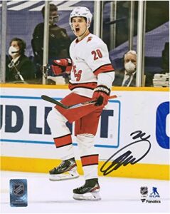 sebastian aho carolina hurricanes autographed 8" x 10" white celebration photograph - autographed nhl photos