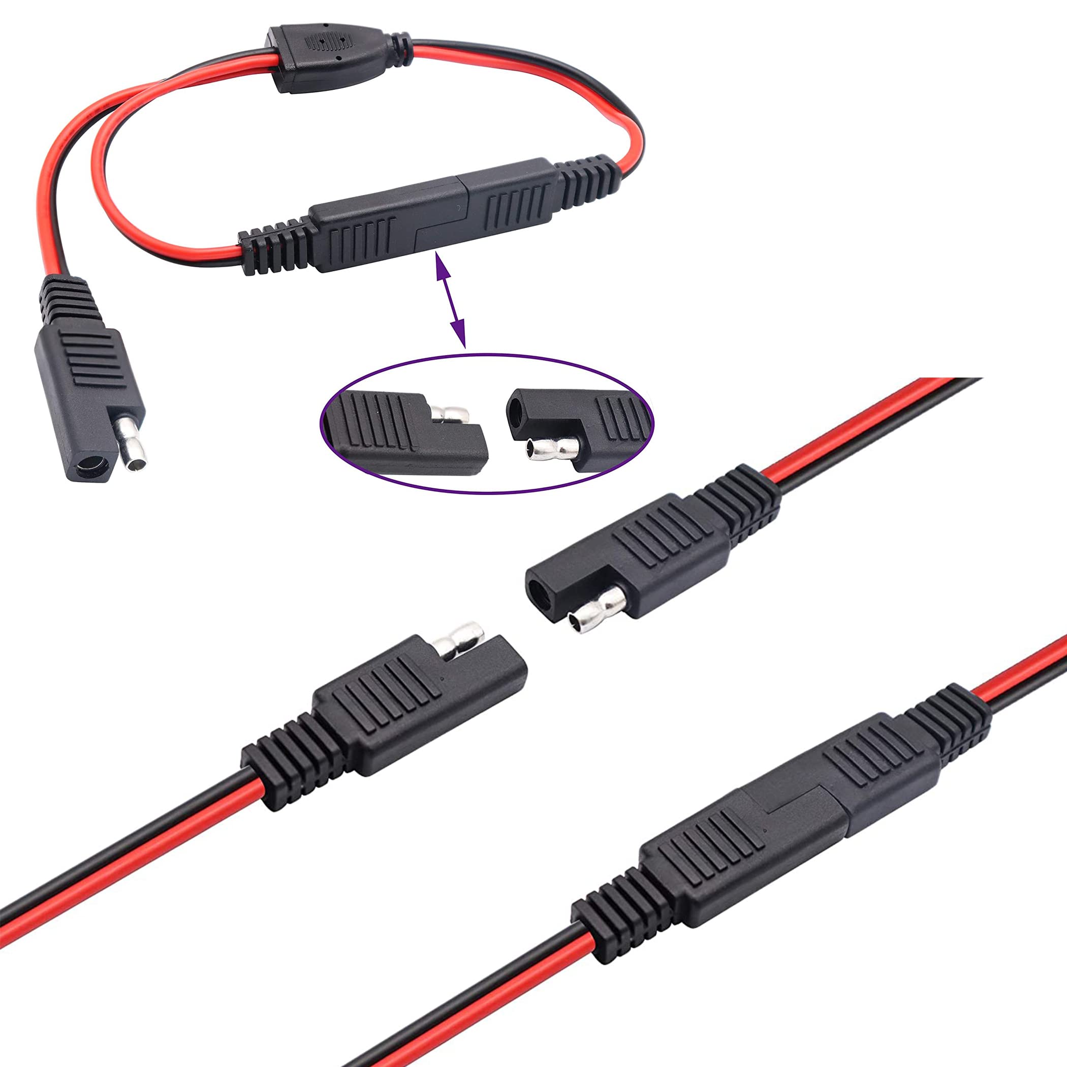 ZUYOOK 18AWG SAE Y Splitter Adapter Cable SAE Y Splitter 1 to 2 SAE Extension Cable SAE DC Power Automotive Connector Cable for Solar Panel and DC Power Supply Connector Cable 12inch/30cm (2PACK)