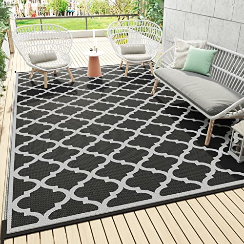 RVOLST Outdoor Rug Carpet Waterproof 6x9 ft-Patio Rug Reversible Portable RV Camping Rug Mat-Plastic Straw Outdoor Rug for Patio Decor Outside Rug for Picnic Balcony-Black and Gray