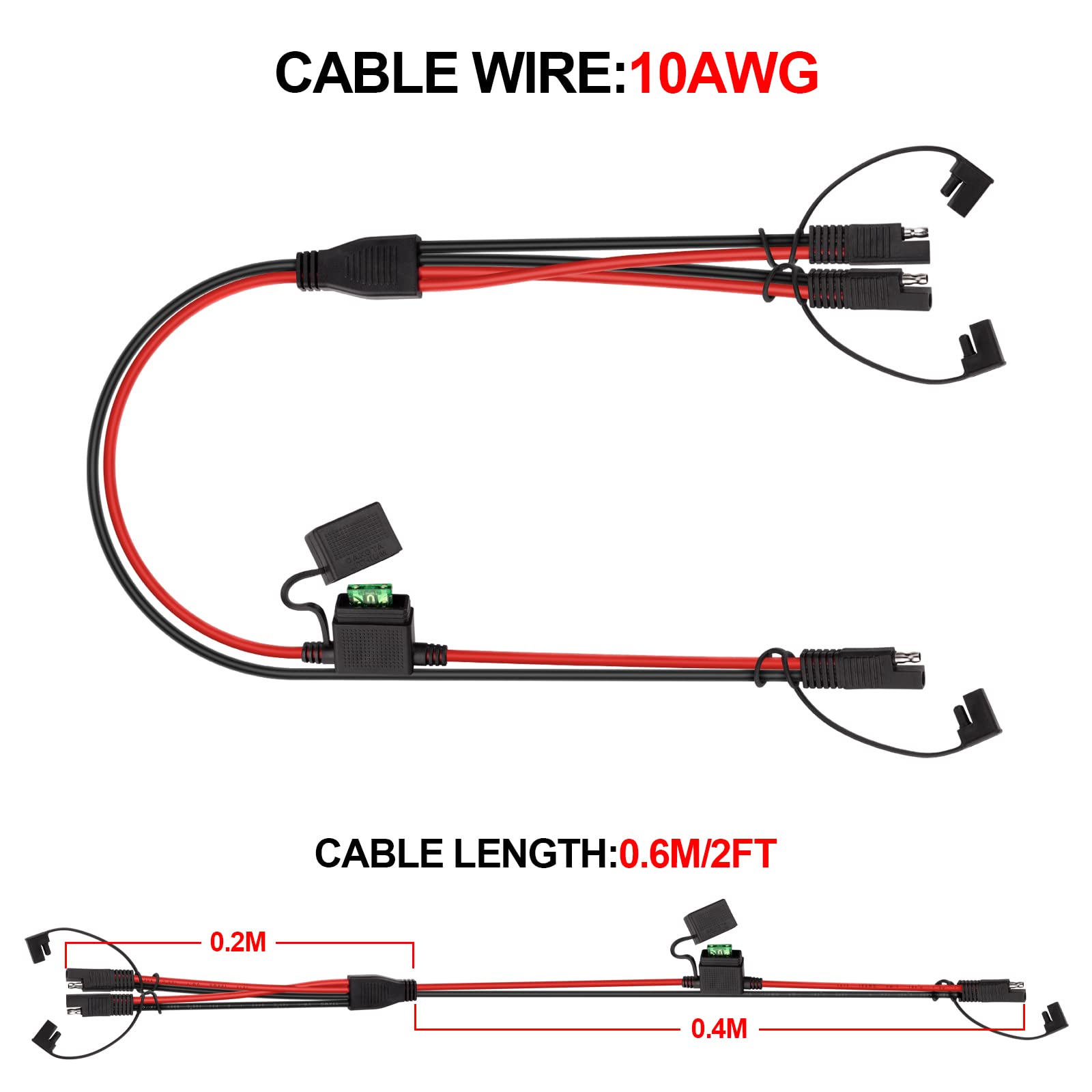 iGreely 10 Gauge SAE Spliiter Extension Cable with SAE Polarity Reverse Adapter 1 to 2 Splitter Connector with Inline Fuse Holder 30A for Solar Panel Automotive RV Portale Power Station 10AWG