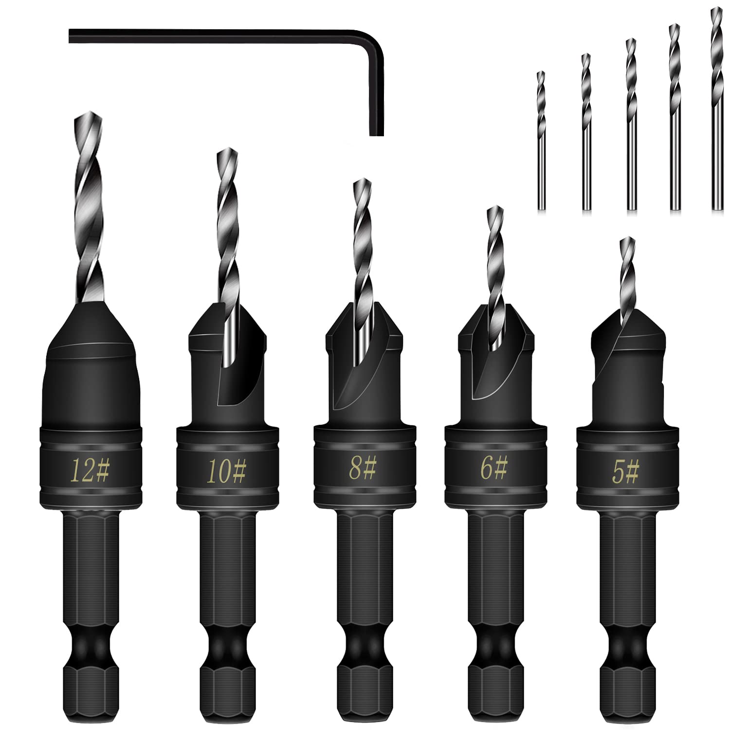 82°Countersink Drill Bit Set Power Tools Accessories with 5 Pcs Replaceable Drill Bits 3/8”Quick-Change Drill Bits, Woodworking Chamfered Adjustable Drilling Tool Kit Woodworking Tool (5Pcs/Set)