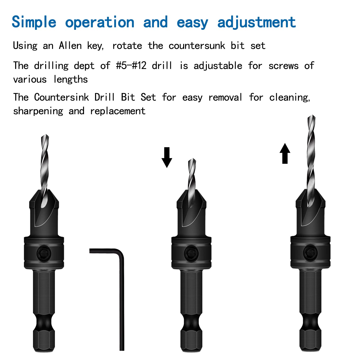 82°Countersink Drill Bit Set Power Tools Accessories with 5 Pcs Replaceable Drill Bits 3/8”Quick-Change Drill Bits, Woodworking Chamfered Adjustable Drilling Tool Kit Woodworking Tool (5Pcs/Set)