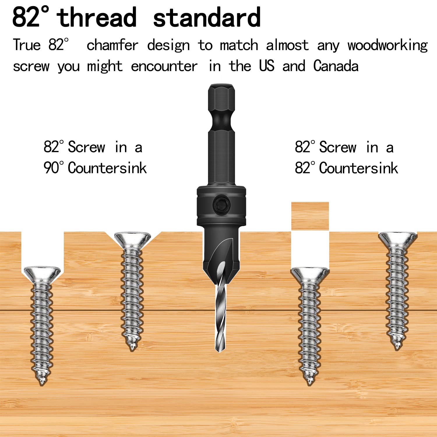 82°Countersink Drill Bit Set Power Tools Accessories with 5 Pcs Replaceable Drill Bits 3/8”Quick-Change Drill Bits, Woodworking Chamfered Adjustable Drilling Tool Kit Woodworking Tool (5Pcs/Set)