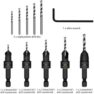 82°Countersink Drill Bit Set Power Tools Accessories with 5 Pcs Replaceable Drill Bits 3/8”Quick-Change Drill Bits, Woodworking Chamfered Adjustable Drilling Tool Kit Woodworking Tool (5Pcs/Set)