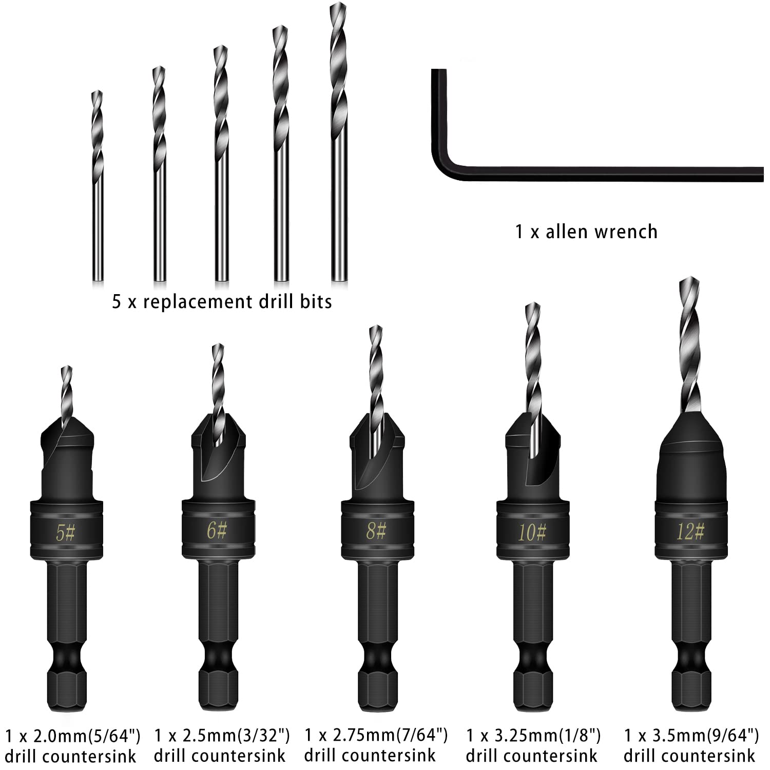 82°Countersink Drill Bit Set Power Tools Accessories with 5 Pcs Replaceable Drill Bits 3/8”Quick-Change Drill Bits, Woodworking Chamfered Adjustable Drilling Tool Kit Woodworking Tool (5Pcs/Set)