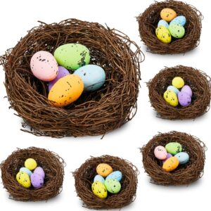 6 pcs faux bird nest with eggs artificial small rattan nest decoration handmade decorative miniature birds nests for crafts, party, patio decoration, home garden decor