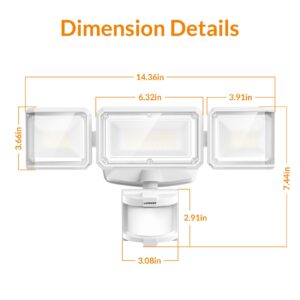 LEPOWER Battery Powered LED Flood Light Outdoor,1500LM Motion Sensor Security Lights,5000K, IP65 Waterproof,Wireless Flood Light Battery Operated,3 Head Motion Detector Light for Garage,Yard,Porch