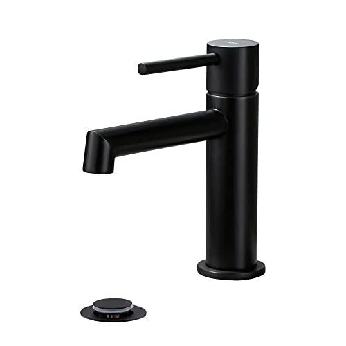 Bathroom Faucet, Indare Single Hole Brass Matte Black Bathroom Faucet with Pop-up Sink Drain Assembly and Faucet Supply Hose