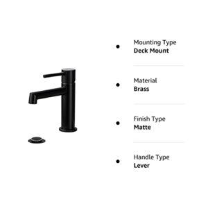 Bathroom Faucet, Indare Single Hole Brass Matte Black Bathroom Faucet with Pop-up Sink Drain Assembly and Faucet Supply Hose