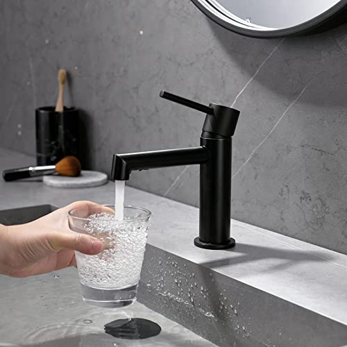 Bathroom Faucet, Indare Single Hole Brass Matte Black Bathroom Faucet with Pop-up Sink Drain Assembly and Faucet Supply Hose