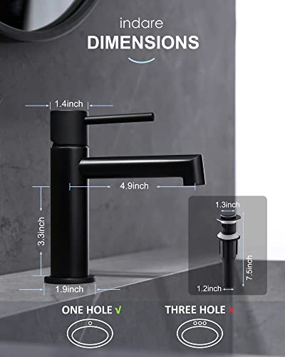 Bathroom Faucet, Indare Single Hole Brass Matte Black Bathroom Faucet with Pop-up Sink Drain Assembly and Faucet Supply Hose